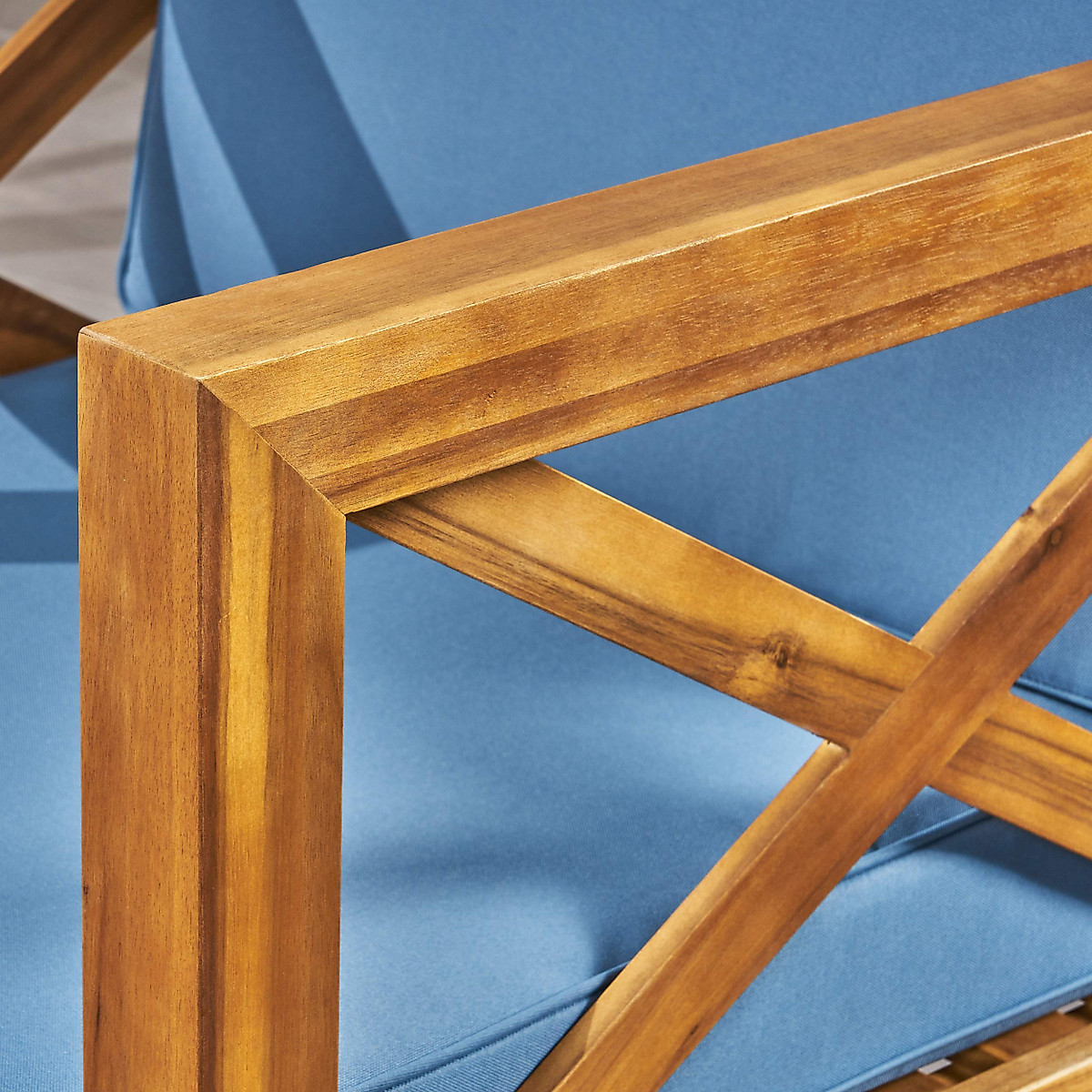 GDFStudio Outdoor Acacia Wood Club Chairs with Cushions (Set of 2), Teak Finish and Blue