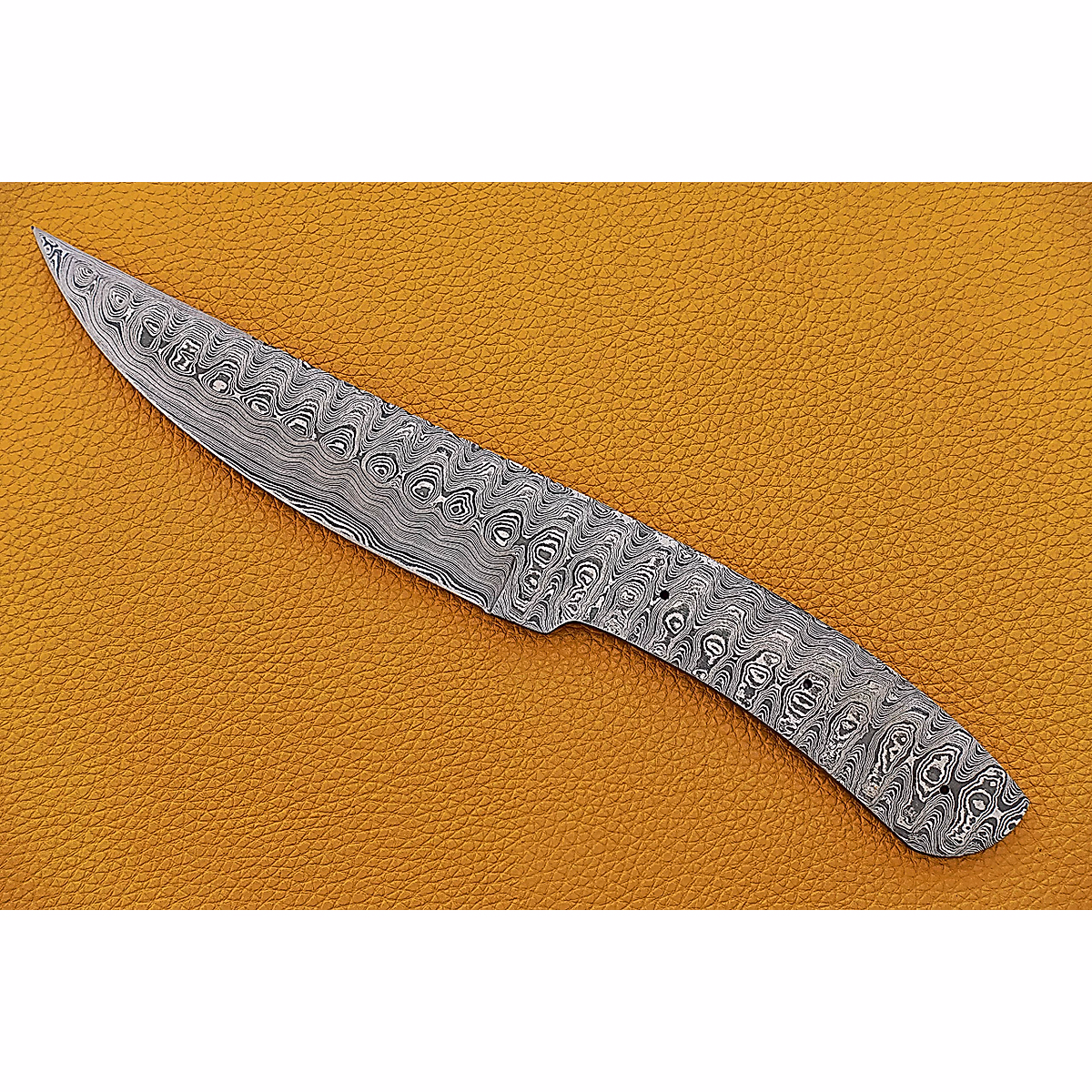 Knife Making, Damascus Steel Blank Blade 11 inches Long Hand Forged Trailing Point Skinning Knife, Hunting Knife with 3 Pin Hole, 6 inches Cutting Edge, 4.5" Scale Space