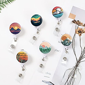 Badge Reel Retractable Nurse Badge Holder Cute Name Decorative Badge Reels with Clip on ID Card Holders (5 Pack Mountain Sky Sun)