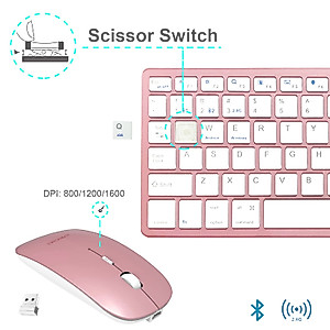 Wireless Keyboard Mouse Combo, Haricset Rechargeable Full-Size Silent Slim Dual-Mode(BT3.0+BT5.0+2.4G) Multi-Device Bluetooth Keyboard Set, 3 Level DPI Mouse,for Windows/Android/Mac OS/iOS (Rose Gold)