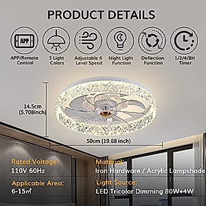 Fszdorj 2023 Upgraded Ceiling Fan F098 White Ceiling Fans with Lights App & Remote Control, Timing & 3 Led Color Led Ceiling Fan, 6 Wind Speeds Modern Ceiling Fan for Bedroom, Living Room, Small Room