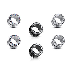 WBRWP Unisex Women and Men 6pcs/3pairs Hollow Zircon Stainless Steel Screw Ear Plugs Tunnels with ZirconEar Plugs Tunnels - Ear Expander - Ear Gauges Stretcher Body Piercing 00g(10mm)