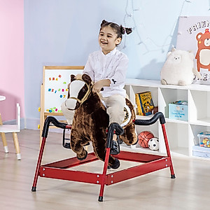 Qaba Kids Spring Rocking Horse, Ride on Horse for Girls and Boys with Animal Sounds, Plush Horse Ride-on with Soft Feel, Interactive Toy for Kids
