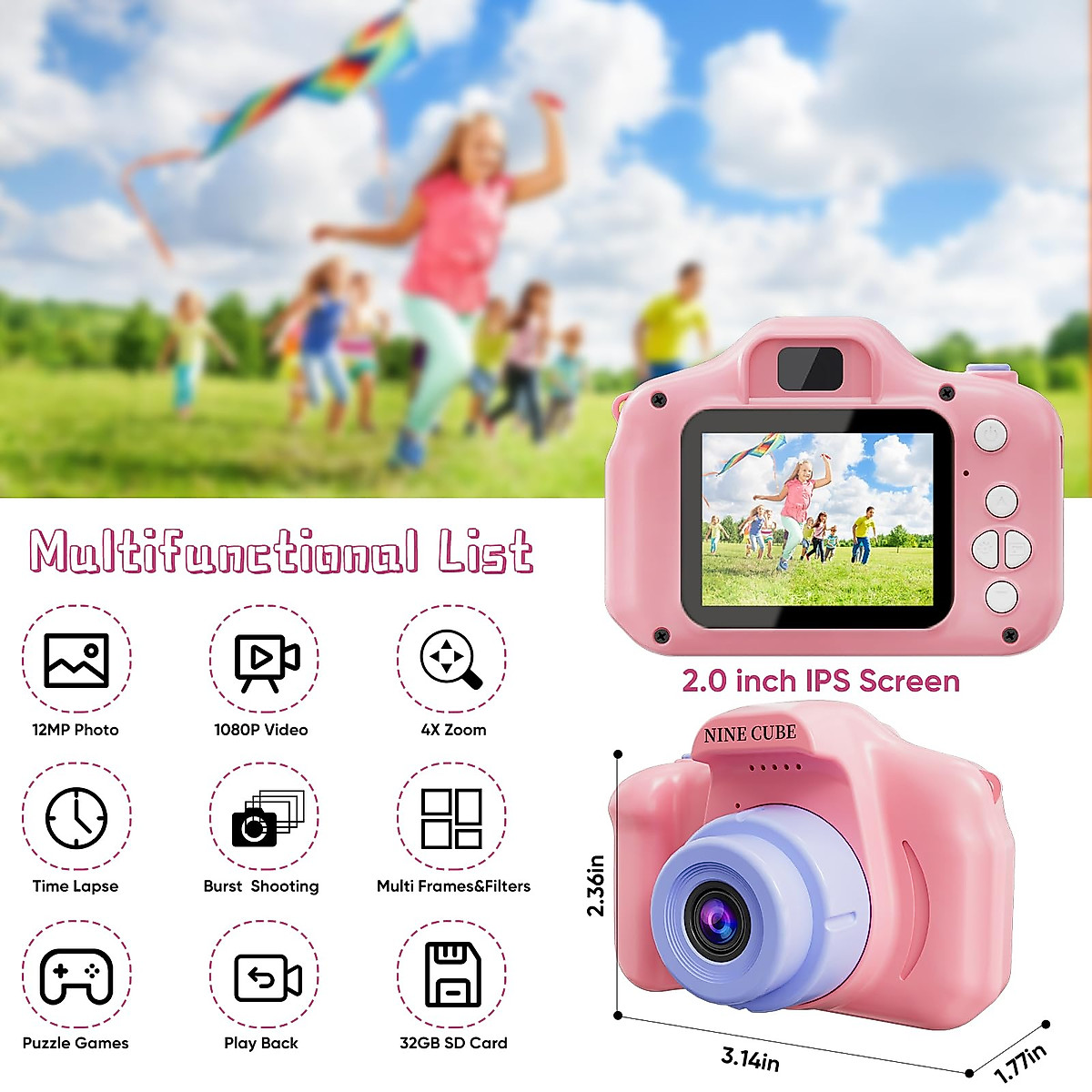 NINE CUBE Kids Camera, Toys Camera for Kids,Christmas Birthday Gifts for Girls Age 3 4 5 6 7, Toddler Camera 3 Year Old, Kids Digital Camera for Girls with 32GB SD Card