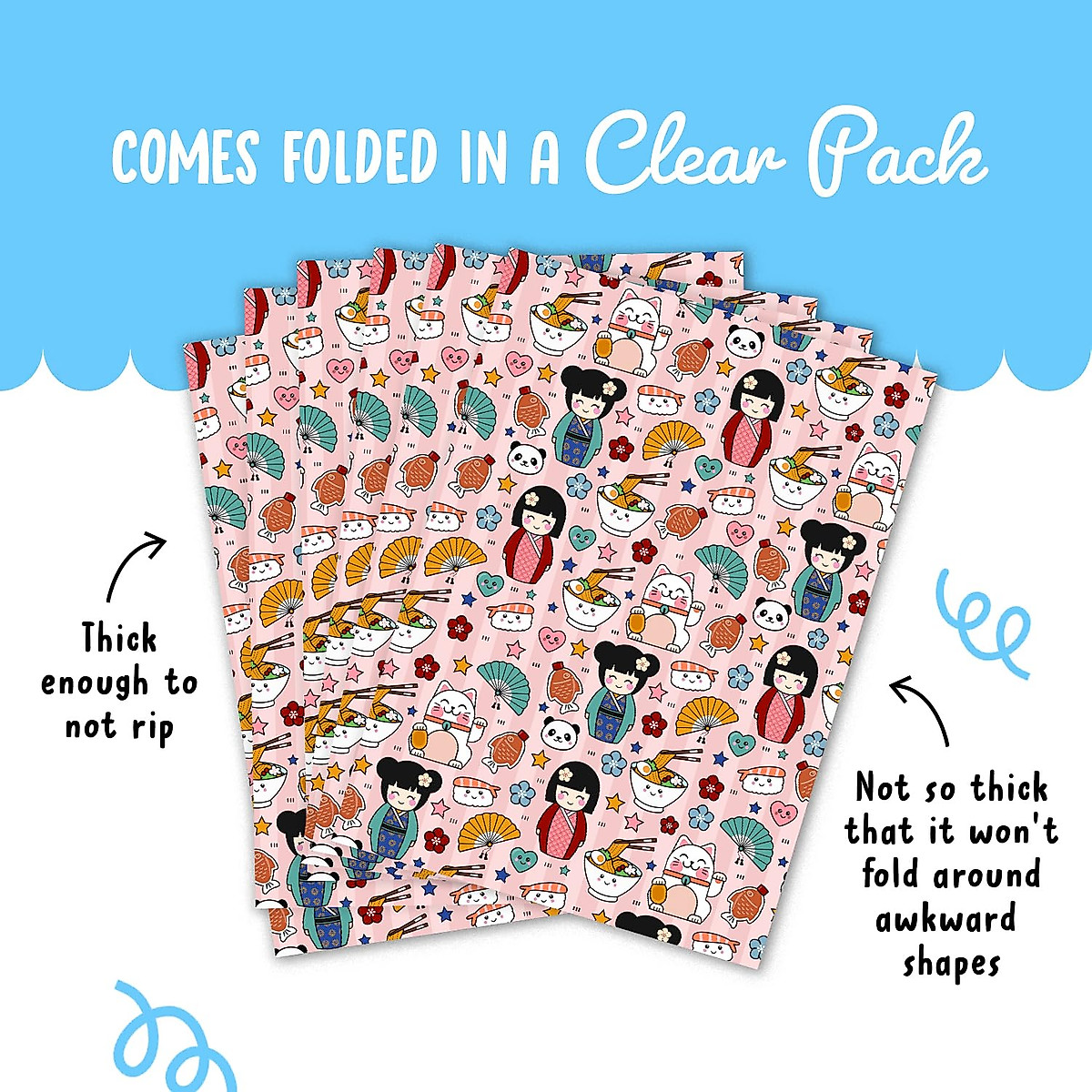 CENTRAL 23 Girls Wrapping Paper Birthday - 6 Sheets of Pink Gift Wrap - Cute Japanese Character - For Women Friends Her - Sushi Ramen - Comes with Fun Stickers