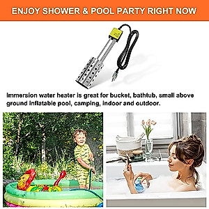 GESAIL 1000W Electric Immersion Heater, Bucket Water Heater with 304 Stainless-Steel Guard, Submersible Bucket Heater with Thermostat and Auto Shutoff, Heats 5 Gallons Water in Minutes