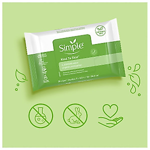 Simple Kind to Skin Facial Wipes Gentle and Effective Makeup Remover Cleansing Free from color and dye artificial perfume and harsh chemicals, 25 Count (Pack of 2)