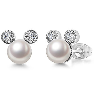 Silver Rose Gold Plated Faux Pearl Cute Mouse Cat Style Wedding Cocktail Party Stud Earrings (Silver White)