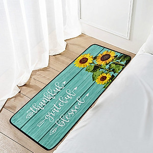 Sunflowers Teal Turquoise Kitchen Rugs Non Slip Thankful Grateful Blessed Kitchen Mats Standing Cushioned Mat in Front of Sink, Washable, 39 x 20 Inch
