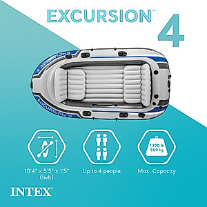 INTEX 68324EP Excursion 4 Inflatable Boat Set: Includes Deluxe 54in Boat Oars and High-Output Pump – Adjustable Seats with Backrest – Fishing Rod Holders – 4-Person – 1100lb Weight Capacity