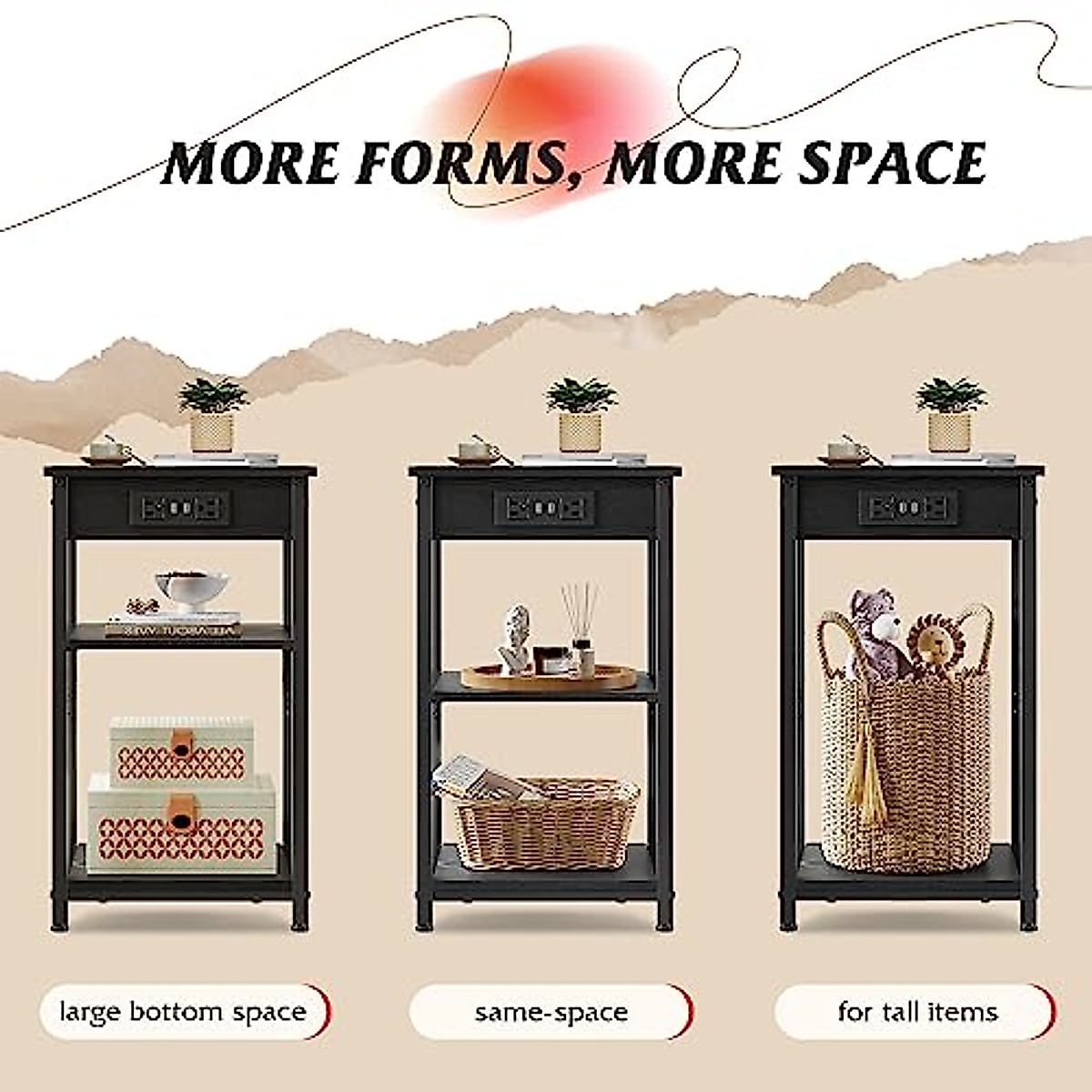 WLIVE End Table with Charging Station and USB Ports, 3-Tier Side Table with Adjustable Shelf, Side Table with Outlet for Small Spaces, Living Room, Bedroom, Black