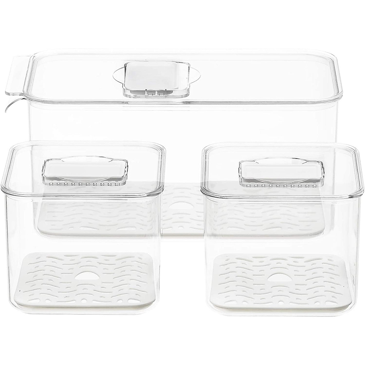 Slideep Food Storage Containers Produce Saver with Lids, Stackable Refrigerator Freezer Organizer Bins with Removable Drain Tray, Fridge Fresh Keeper for Veggie, Berry, Fruits, Vegetables 3 Pack