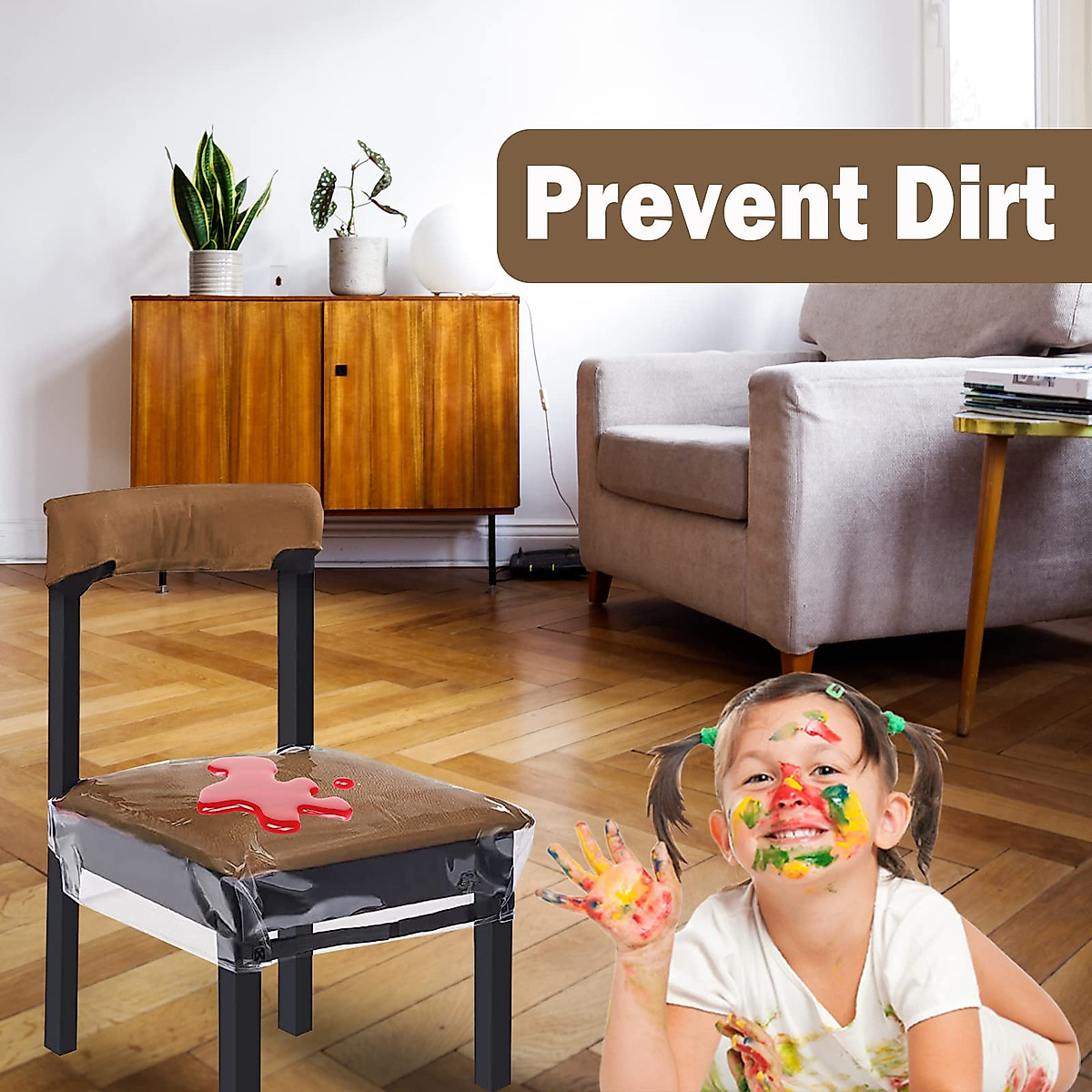 4 Pack Plastic Seat Covers, Plastic Chair Covers for Dining Room Chairs, Stain, Water and Kitty Scratch Resistant Clear Pvc Chair Protector with Adjustable Strap for Most 18" - 20" Standard Chair