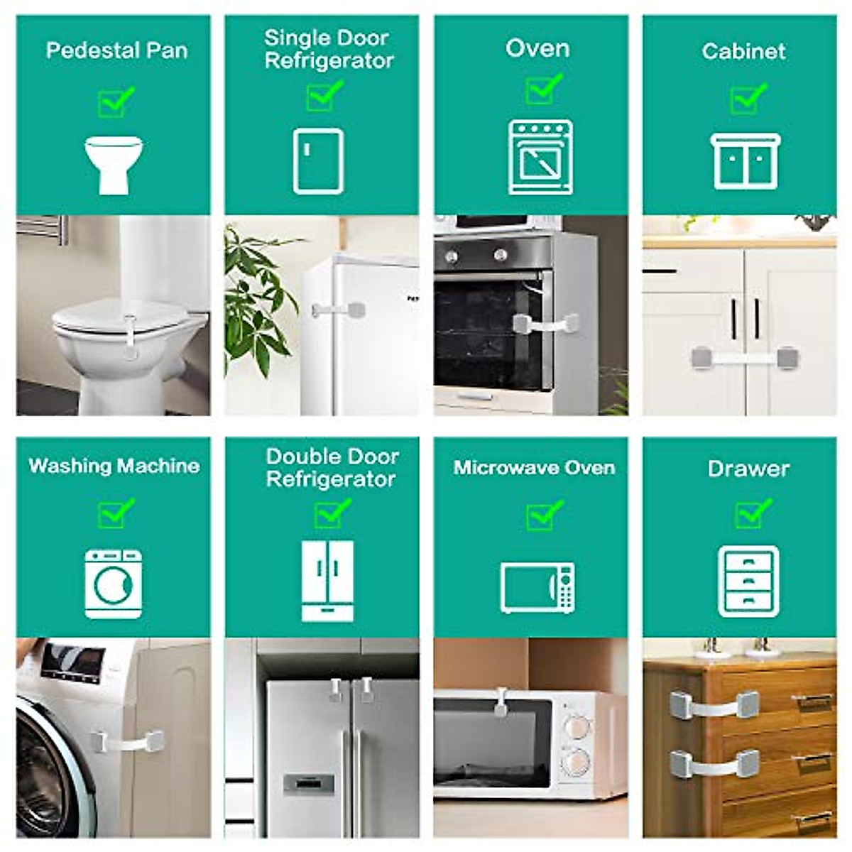 Child Safety Strap Locks (4 Pack) for Fridge, Drawers, Oven, Cabinets, Toilet, Dishwasher, Double Lock Structure, 3M Adhesive No Drilling-SANBRAGE Baby