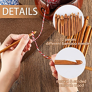 Wooden 6 x 6 x 3 Inch Yarn Bowl Crocheting Bowl Round Knitting Wool Storage Yarn Bowl Handmade with Holes 12 Pieces Crochet Hooks for Crocheting Knitting DIY Crafts Tools (Natural Color)