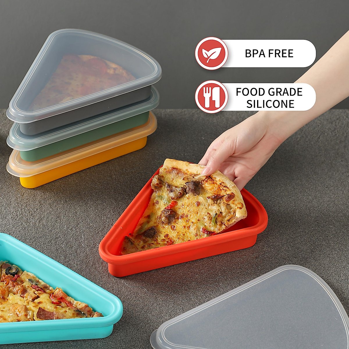 KEVJES 5Pack Reusable Silicone Leftover Pizza Slice Storage Container Box with Air-tight Lids-BPA Free,Fits Single Slice up to 16”,Save Space,Refrigerator organizer. (Space Grey)