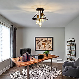 Qgiytp Industrial Semi Flush Mount Ceiling Light Fixture 3-Light Matte Black and Gold Chandelier E26 Farmhouse Ceiling Lamp for Entryway Hallway Bedroom Passway Balcony