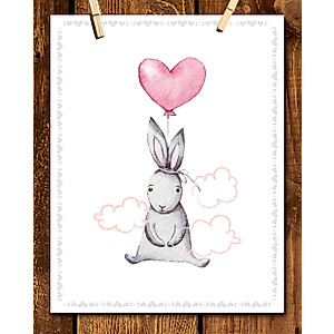 TJ Originals - Children's Nursery Bunny Wall Art - Unframed 11 x 14 Cute Colour Print - Makes a Great Gift for Family and Friends - Unique New Baby Gift, Under $20 Gift (Bunny Pink Balloon)