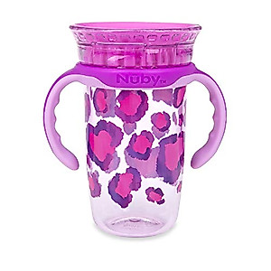 Nuby 360 Edge 2 Stage Drinking Rim Cup with Removable Handles & hygienic Cover: 10 Oz/ 300 Ml, 12M+, Leopard, Purple (80810)