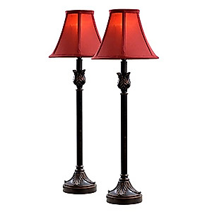 Catalina Lighting 25.75" Brenda Bronze Set of 2 Buffet Table Lamps with Burgundy Fabric Bell Shades, Bronze