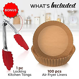 100Pcs Air Fryer Disposable Paper Liners, Free 7" Tongs. Non-Stick, Water Proof Air Fryer Paper Liners. Easy clean up. Roasting, Baking, Steaming. Air Fryer Parchment Paper for Air Fryers Fit 3.5-6Qt