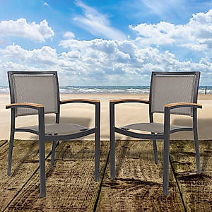 KARMAS PRODUCT 4 Pack Stackable Indoor/Outdoor Patio Dining Chairs with Teak Armrest,Textilene Mesh Fabric Aluminum Frame,Gray