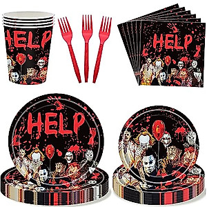 Horror Movie Characters Party Supplies, 120pcs Ghost Horror Halloween Themed Party Tableware Plates Napkins Cups Forks Decorations Serves 24 Guests for Halloween Birthday Party