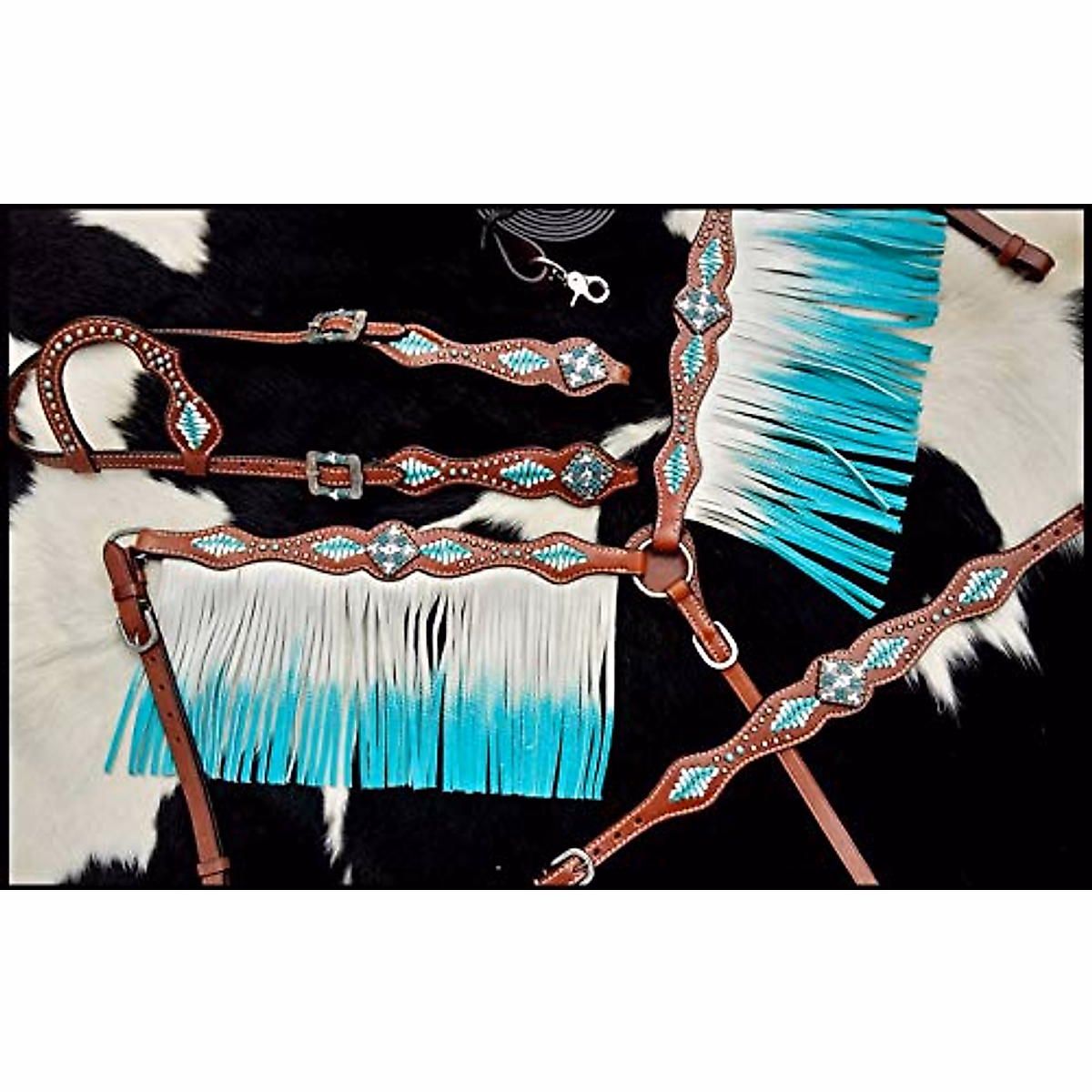 Turquoise and White Leather Laced One Ear 4 Piece Headstall and Breast Collar Set with Fringe.
