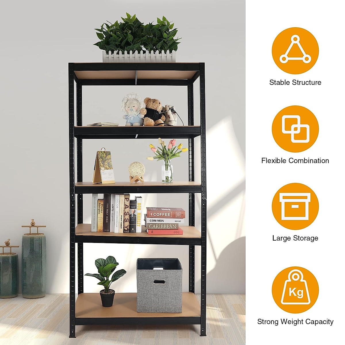 ALBOMI 5 Tier Adjustable Storage Shelving Unit, 35.4" W x 17.7" D x 71" H Large Storage Utility Rack, Heavy Duty Metal Garage Storage Shelves for Warehouse Basement Kitchen, Black