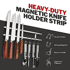 Magnetic Knife Holder, Stainless Steel 18-Inch Magnetic Knife Rack with 6 Removable Hooks, Ergonomic Tool Magnet Bar and Knife Strip with Installation Hardware – Any Kitchen Stuff