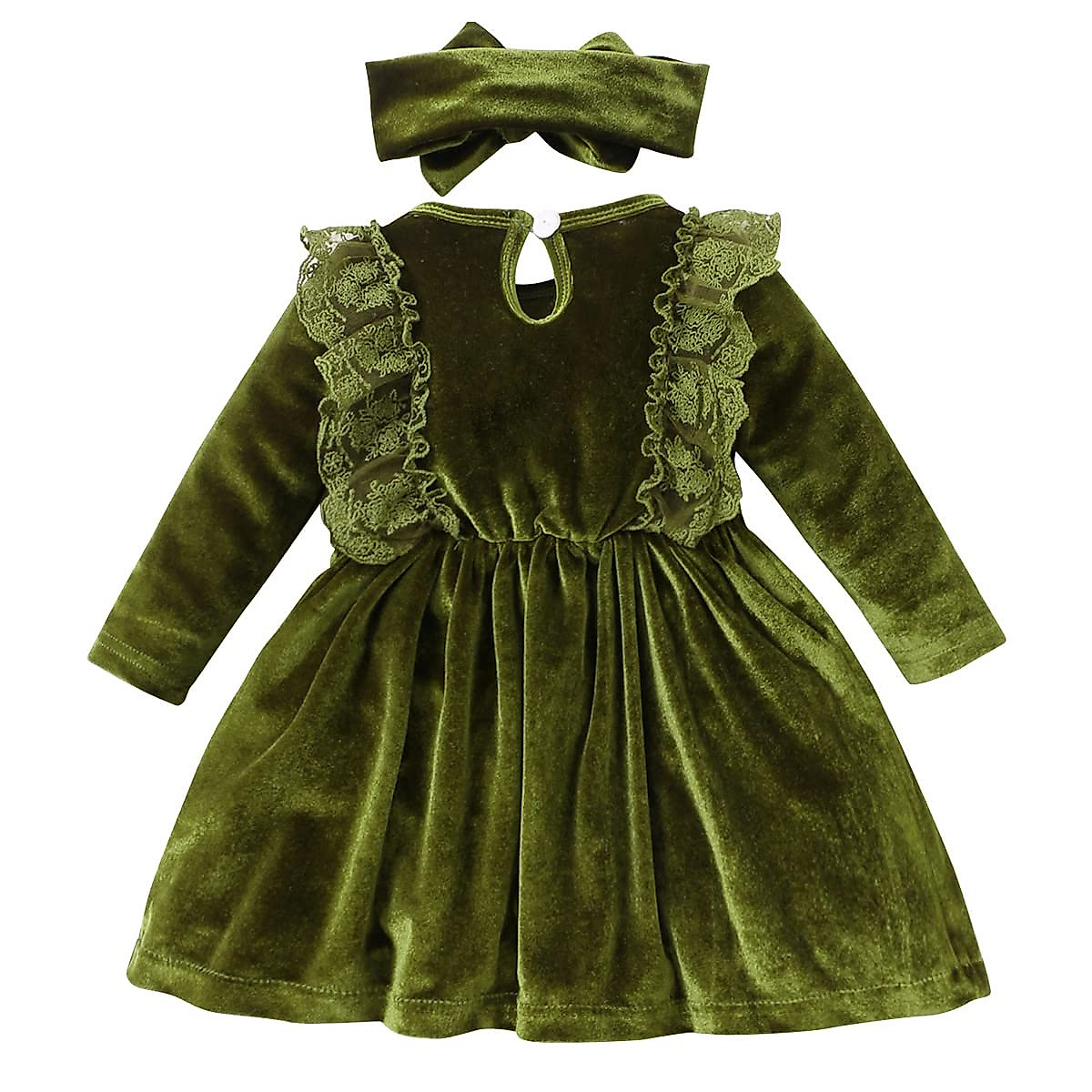 AFAVOM Toddler Baby Girls Velvet Tutu Dress with Headband Fall Winter Outfits Kids Lace Long Sleeve Princess Birthday Party Christmas Dresses Vintage Casual Holiday Playwear Clothes Green 6-9 Months