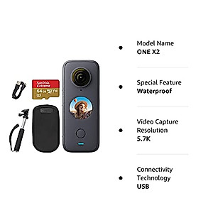 insta360 ONE X2 Waterproof Action Pocket Camera + SanDisk 64GB Extreme Memory Card + Handheld Monopod (extends to 43in) - Great Starter Bundle!, 5.7K