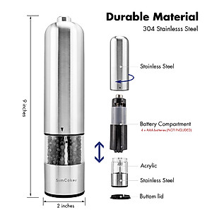 SimCoker Electric Salt and Pepper Grinder Set, Battery Operated Stainless Steel Pepper Grinder Mill Electric with Light, Automatic One Handed Operation, Adjustable Coarseness, Ceramic Grinder, 2 Pack