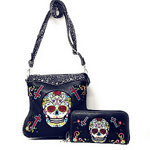 Western Sugar Skull Embroidery Rhinestone Cross Conceal Carry Crossbody Bag Set (Black)