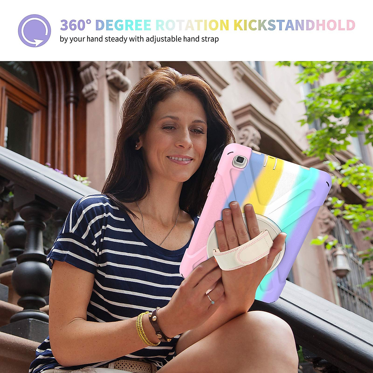 TSQ Case for 8.0 Inch 2019 SM-T290/T295 for Kids Girls | Heavy Duty Rugged Protective Cute Colorful Case w/Stand Hand Shoulder Strap for Tablet 8 Inch | Rainbow Pink