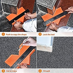 𝗖𝗼𝗻𝘁𝗼𝘂𝗿 𝗚𝗮𝘂𝗴𝗲 Profile Tool, GOXAWEE Irregular Shape Duplicator 5''& 10''-Tightness Adjustable-Outline Measuring Plastic Ruler for Corners,Wood Templates, Tiles and Laminate (Orange)