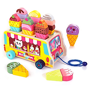 HELLOWOOD Wooden Ice Cream Truck Bundlle with Wooden Lolly Pop Shop, Pretend Play Food Toy