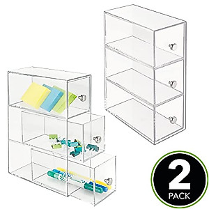 mDesign Plastic Stackable Desktop Organizer Tower Storage Station with 3 Drawers for Home Office - Holds Pens, Sticky Notes, Binder Clips, Notepads, or Gel Pens - Lumiere Collection - 2 Pack - Clear