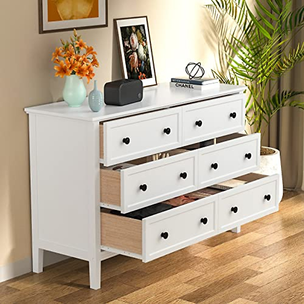CARPETNAL White Dresser, Modern Dresser for Bedroom, 6 Drawer Double Dresser with Metal Handles, Dresser for Hallway, Entryway