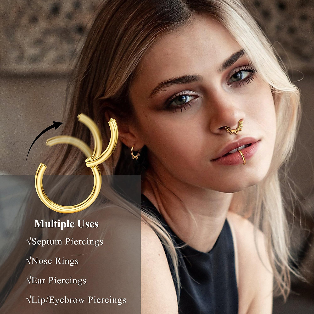 Besteel Hypoallergenic Gold Septum Rings 16G 8mm Surgical Steel Clicker Nose Rings Hoops Set Small Lip Cartilage Helix Daith Piercing Jewelry for Women Men 16 Pcs