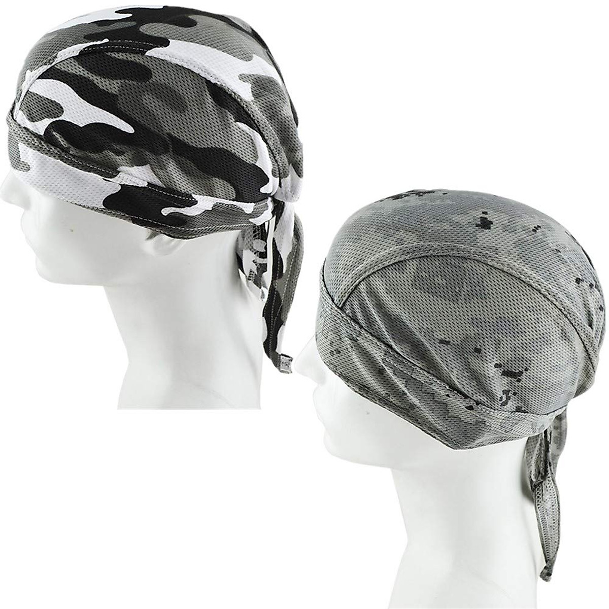 Gbateri 4 Pack Sweat Wicking Cycling Bandana Durag Dew Rags, Skull Cap Beanie Cooling Helmet Liner Pirate Hat Head Wrap for Motorcycling, Running, Hiking, Cooking & Outdoor Activities,Mesh-Camo