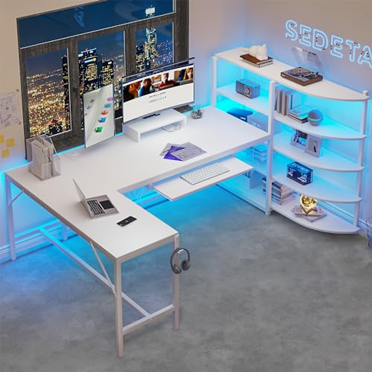 SEDETA L Shaped Computer Desk, 65'' Corner Gaming Desk with Keyboard Tray & LED Lights, L Shaped Desk with Storage Shelves, Monitor Stand and Headphone Hook for Home Office, White