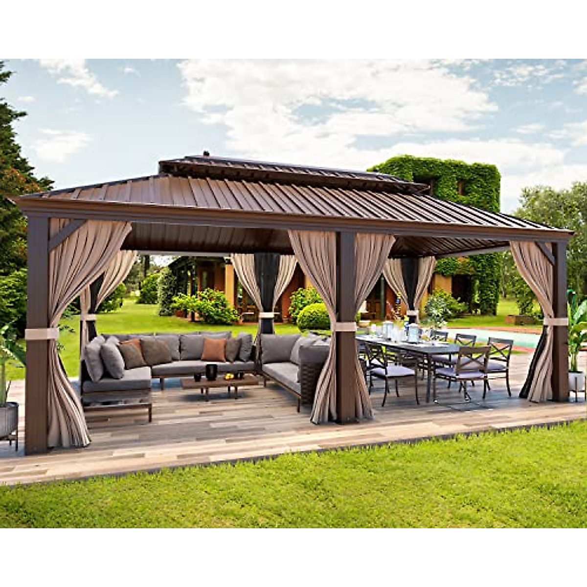 MELLCOM 12' x 20' Hardtop Gazebo,Galvanized Steel Metal Double Roof Gazebo with Curtain and Netting,Brown Permanent Pavilion Gazebo with Aluminum Frame for Patios,Gardens,Lawns