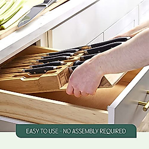 High-Grade 100% Bamboo Knife Drawer Organizer - 16 Knife Slots Plus a Sharpener Slot, Knife Organizer for Kitchen Organization, Durable, Secured, Practical, Eco-Friendly, Knife Block without Knives.