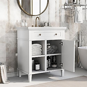 PIETFIU 30" Bathroom Vanity with Ceramic Sink Set,Storage Cabinet and Adjustable Shelf,Solid Wood Frame (White, 30 Inch)