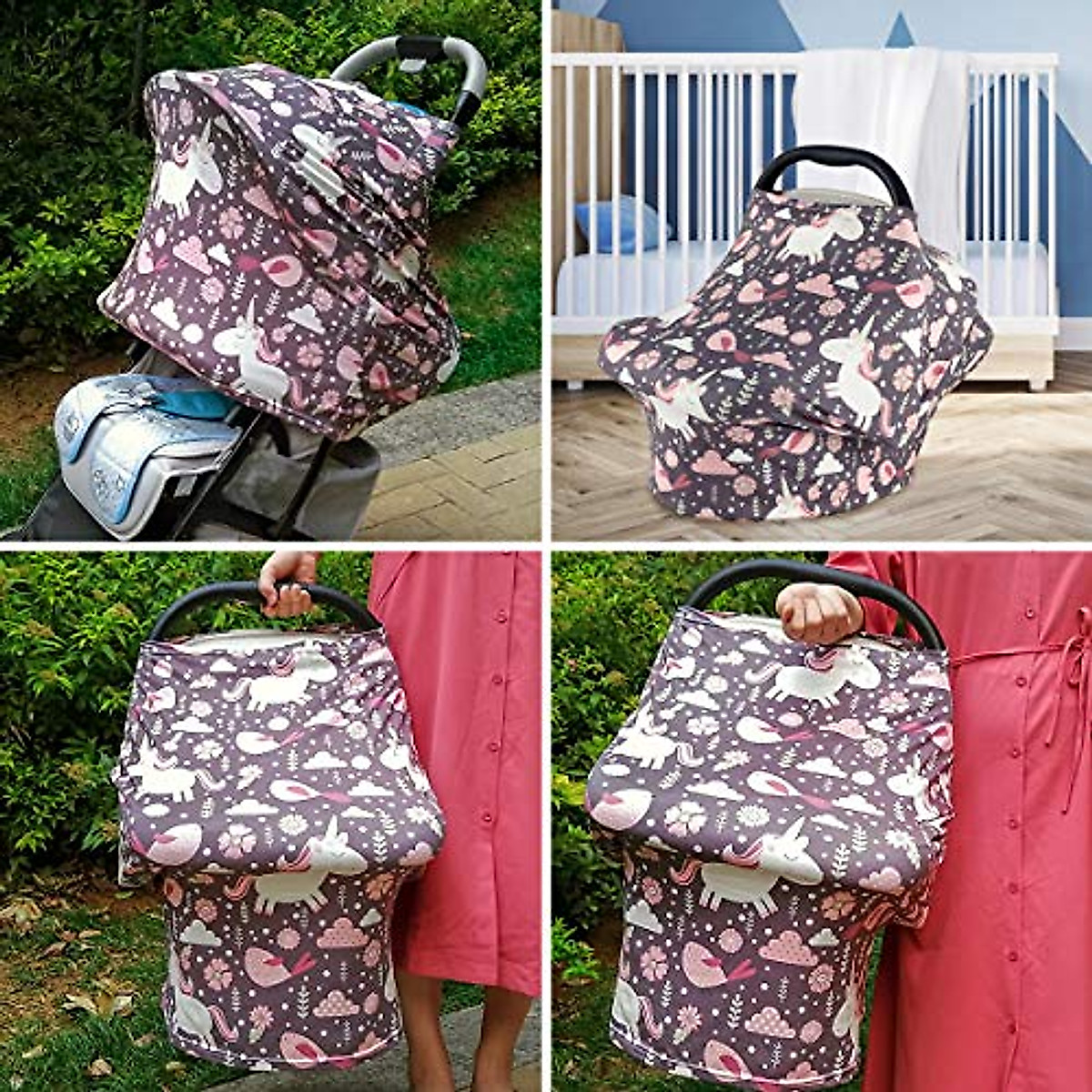 FOZZA Car Seat Canopy for Babies, High Stretchy & Ultra Soft Car Seat Cover, Multi- use Breastfeeding Covers, Shower Gifts for Boys and Girls(Unicorn Print)