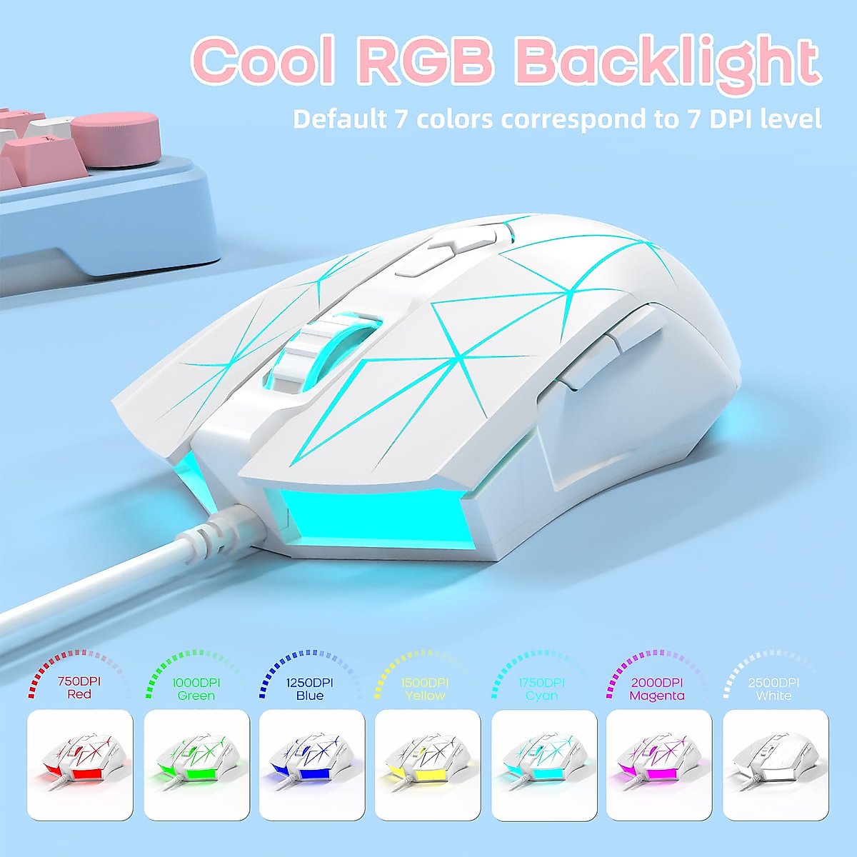 FELICON RGB Lightweight Gaming Mouse, Programmable 7 Buttons, Ergonomic LED Backlit USB Gamer Mice Computer Laptop PC, for Windows Mac OS Linux(Star White)