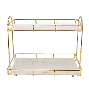 VINGVO 2 Tier Cosmetic Storage Shelf, Iron Metal Makeup Organizer Countertop Rack Gold Perfume Display Organizer Waterproof Dresser Storage Shelf Rack Marble Tray for Bathroom Bedroom