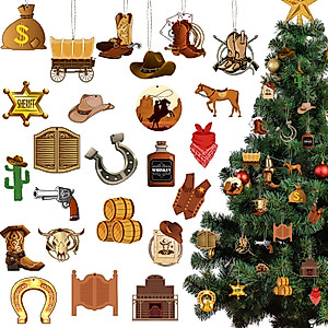 24 Pcs Christmas Western Cowboy Ornaments Wood Hanging Christmas Tree Ornaments Western Party Decorations Wooden Cowgirl Farm Hat Wild Boot Cow Horse for Xmas Tree Decoration