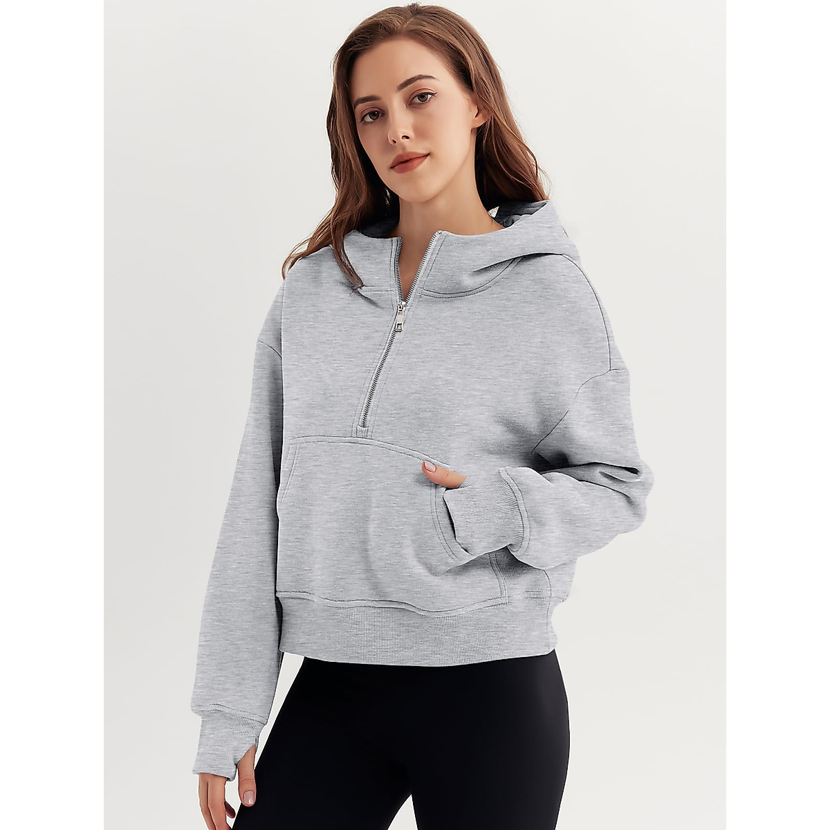 Trendy Queen Womens Hoodies Quarter Half Zip Pullover Oversized Sweatshirts Half With Pockets Fall Clothes GreyM